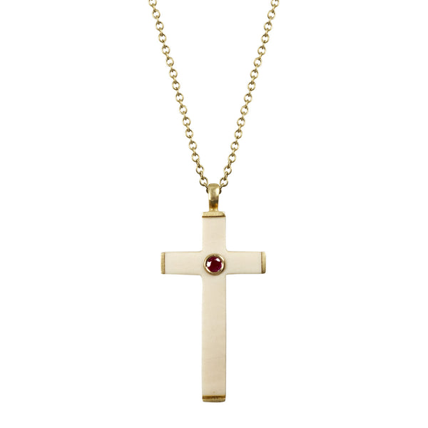 18K Gold Fossilized Mammoth Ivory Cross Pendant with Ruby - Me&Ro